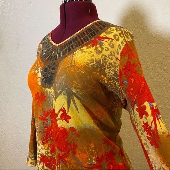 Multiples | Tops | Multiples Tan Blouse With Red Orange And Brown ...